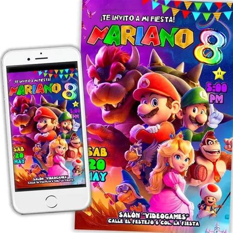 Invitacion Mario Bros Peach Bowser Luigi Digital Envío gratis