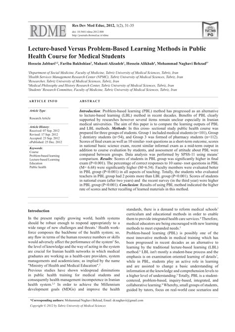 pdf lecture based versus problem based learning methods in public health course for medical
