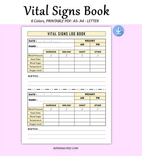 Printable Vital Signs Log Vital Sign Sheet Vital Signs Tracker Template
