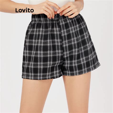 Lovito Shorts De Cintura El Stica Em Xadrez Elegante L Ld Preto