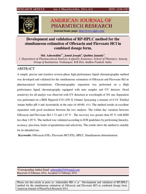 development and validation of rp hplc method for the simultaneous estimation of ofloxacin and