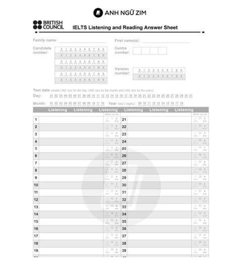 IELTS Listening Test Answer Sheet