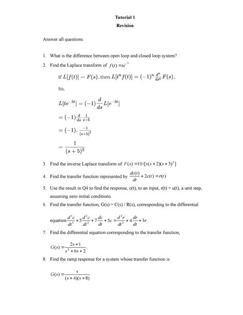 tutorial 1 laplace transform tutorial 1 revision answer all questions what is the