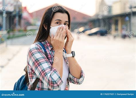 Asian Woman Wearing N Mask To Protect Pollution Pm And Virus