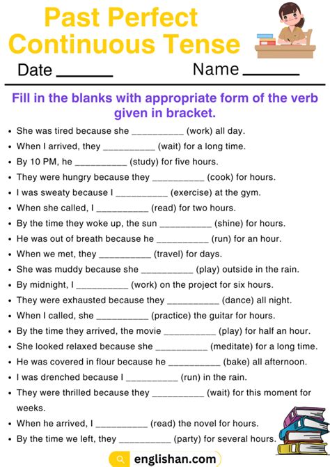 Past Perfect Continuous Tense Worksheets Englishan
