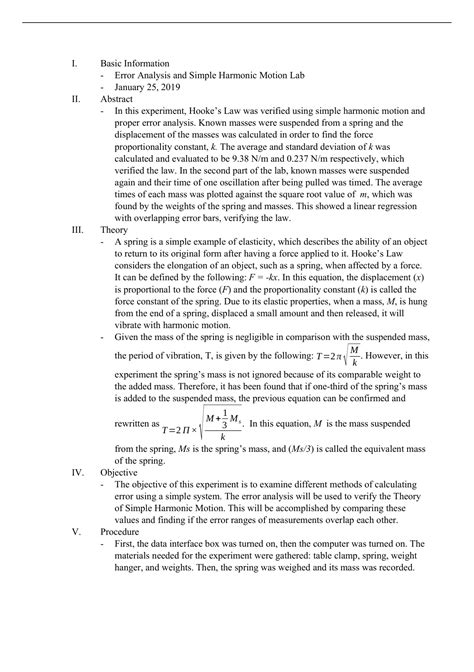 Physics I Error Analysis And Simple Harmonic Motion Lab Report PHYS