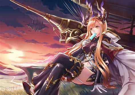 Wallpaper Ship Blonde Long Hair Anime Girls Armor Ice Cream Orange Eyes Granblue