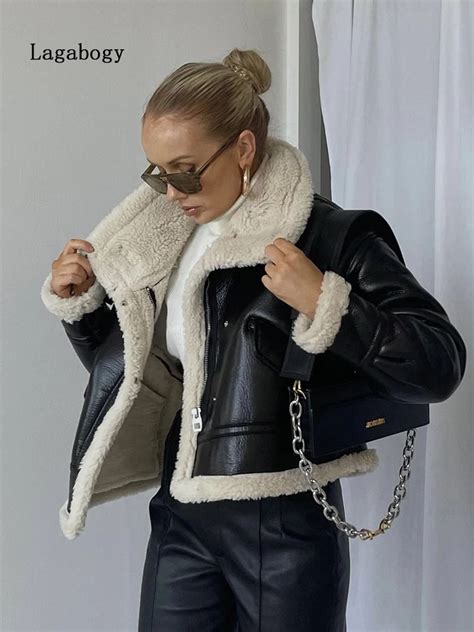 Lagabogy Chaqueta De Piel De Oveja Sint Tica Para Mujer Abrigo Retro De