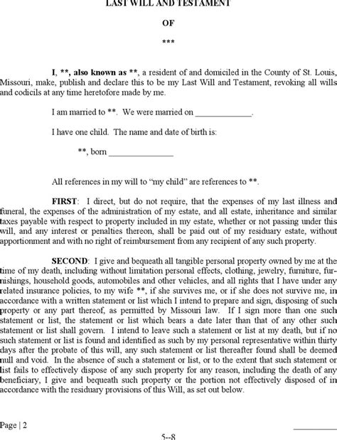 Free Missouri Last Will And Testament Form PDF 115KB 7 Page S