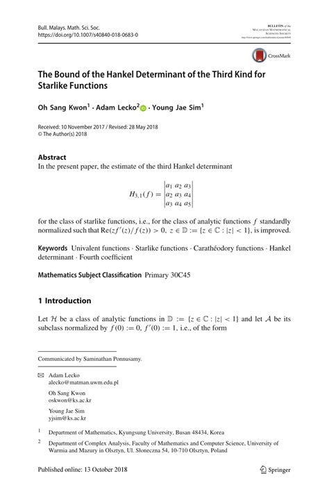 pdf the bound of the hankel determinant of the third kind for starlike functions