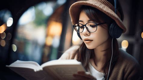 Kitap Dinlerken Gözlüklü Genç Asyalı Genç Kadın Müzik Dinleyen Ve