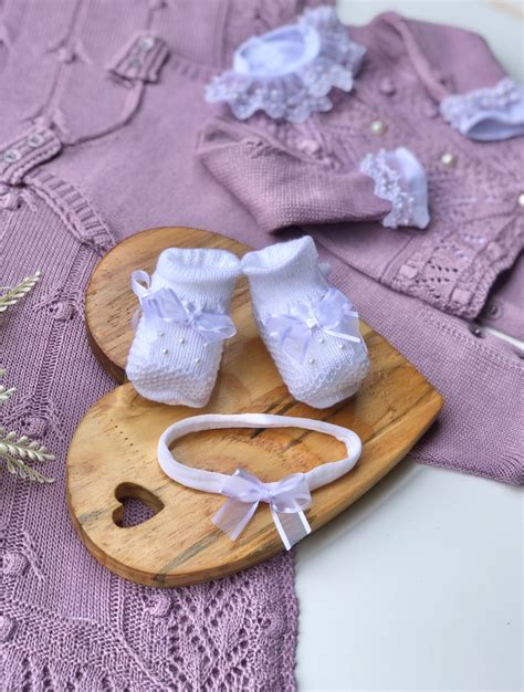Saida de Maternidade Menina Lilás Tricot 6 Peças Completa Elo7