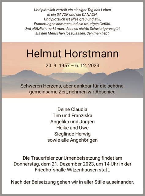 Traueranzeigen Von Helmut Horstmann Trauer Hna De