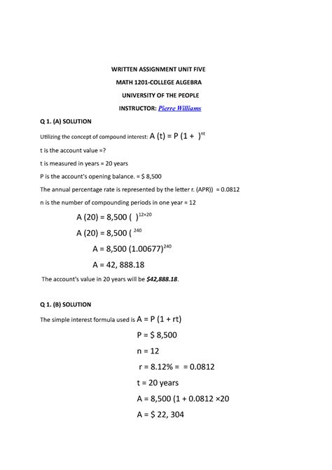 Written Assignment UNIT 5 MATH 1201 01 WRITTEN ASSIGNMENT UNIT FIVE