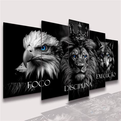 Kit Quadros Decorativos Mosaico 5 Peças Frase Motivação Foco Disciplina