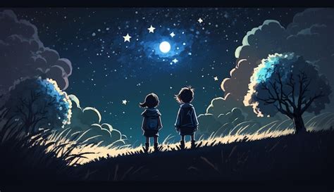 Una caricatura de dos niños mirando la luna y las estrellas Foto Premium