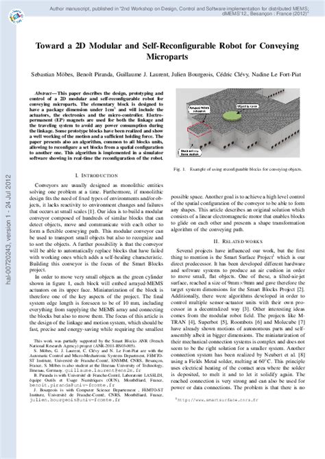 pdf toward a 2d modular and self reconfigurable robot for conveying microparts julien
