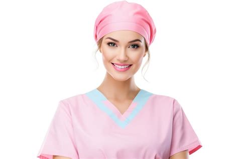 Retrato De Una Joven Enfermera Sonriente En Uniforme Rosa Aislada Sobre