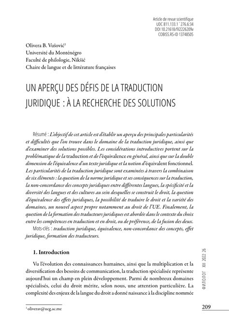 PDF UN APERÇU DES DÉFIS DE LA TRADUCTION JURIDIQUE À LA RECHERCHE