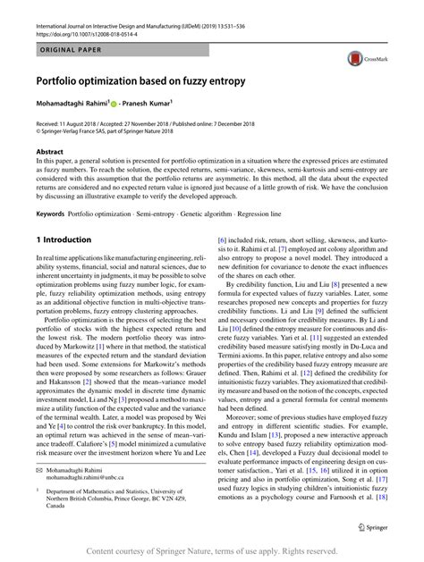 portfolio optimization based on fuzzy entropy request pdf