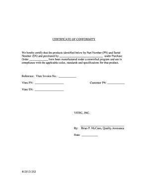 Fillable Online Certificate Of Conformance Vitec Inc Fax Email Print