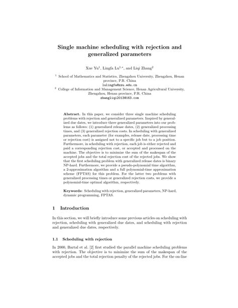 pdf single machine scheduling with rejection and generalized parameters