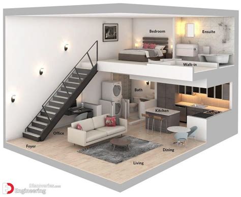An Open Floor Plan With Stairs Leading Up To The Bedroom And Living