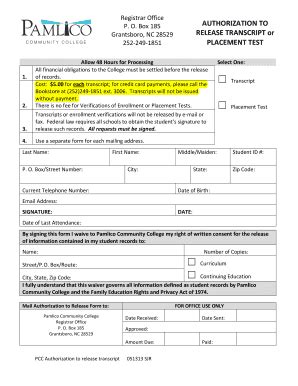 Fillable Online Transcript Request From PCC Pamlico Community College