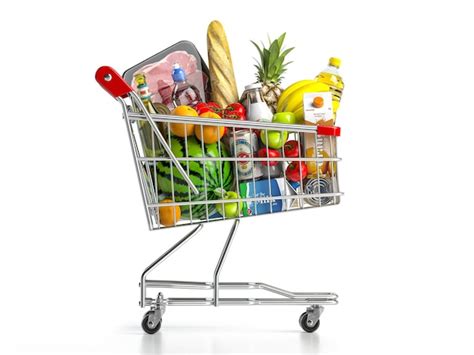 Carro De Compras Lleno De Comida Aislado En Blanco Concepto De Tienda