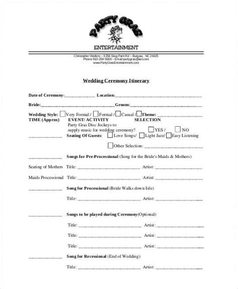 Printable Wedding Itinerary Template Free Sample Example Format Free