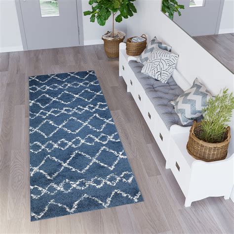 TAPISO Delhi Tapis De Passage Descente De Lit Moderne Bleu Marine Blanc