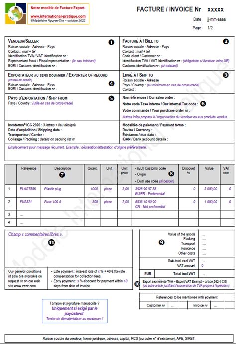 Facture Export Notre modèle International Pratique