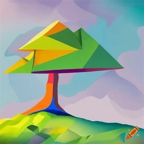 Cubist Drawing Of Tree On A Hill On Craiyon