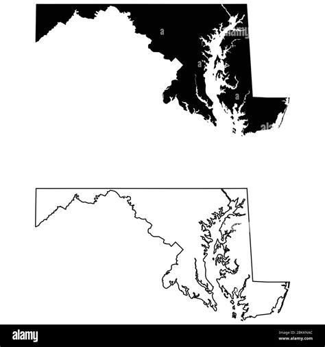 Maryland MD State Maps Black Silhouette And Outline Isolated On A