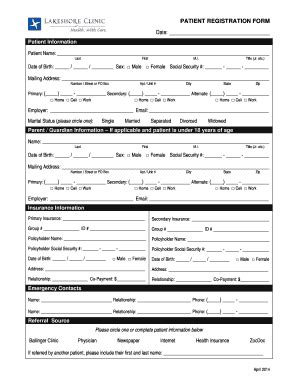 Fillable Online Lakeshoreclinic PATIENT REGISTRATION FORM Date Patient