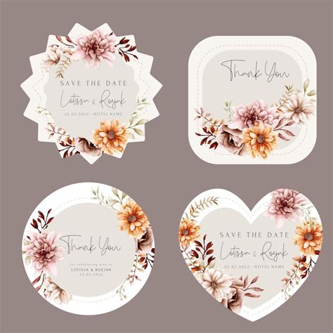 Colección de etiquetas de flores y hojas de otoño en acuarela Vector