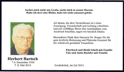 Traueranzeigen Von Herbert Bartsch Trauer In NRW De