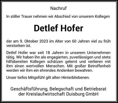 Alle Traueranzeigen für Detlef Hofer trauer rp online de