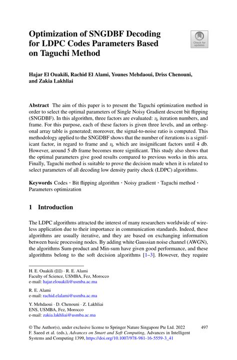 pdf optimization of sngdbf decoding for ldpc codes parameters based on taguchi method