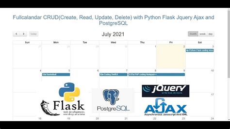 fullcalandar crud create read update delete with python flask jquery ajax and postgresql