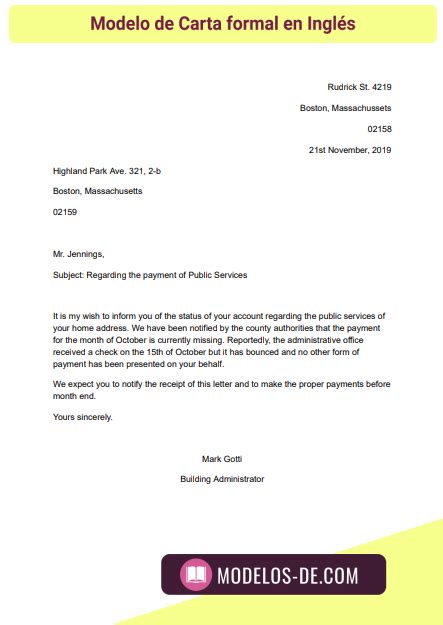 Modelo de Carta formal en inglés en Word Gratis