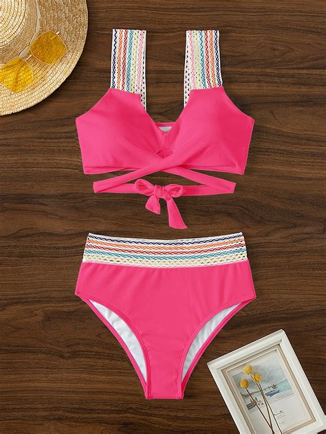 SHEIN Swim BohoFeel Conjunto de bikini con patrón de Chevron parte