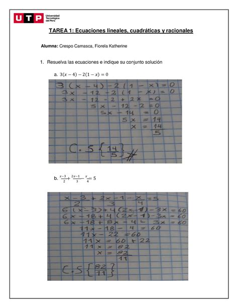 S01 S1 Resolver Ejercicios 1 1 TAREA 1 Ecuaciones Lineales
