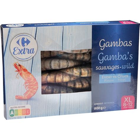 Gambas sauvages entières crues 8 12 CARREFOUR EXTRA la boite de 800g