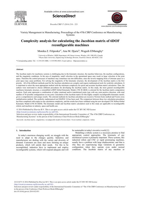 pdf complexity analysis for calculating the jacobian matrix of 6dof reconfigurable machines