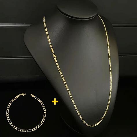 Corrente Masculina 3x1 Figaro Pulseira Banhada Ouro 18K Aço Inox