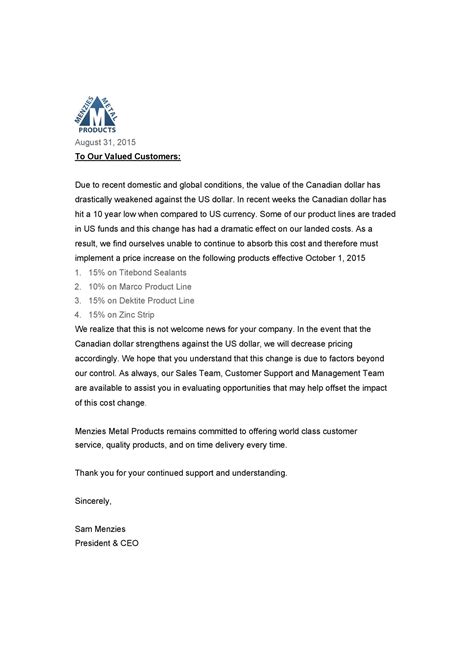 Sample Letter To Inform Customers Of Price Increase Database Letter