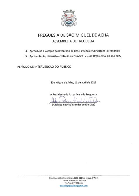 Edital Assembleia de Freguesia Junta de Freguesia de São Miguel de Acha