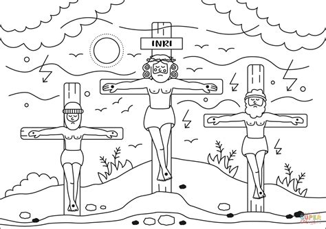 Desenho de Crucificação de Jesus Cristo na cruz os dois ladrões