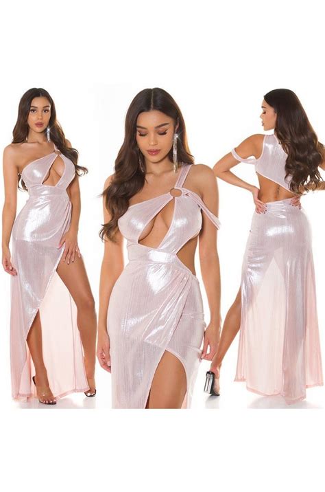 Rochie De Seara Lunga Glitter Roz Pal Cu Umerii Goi Asimetrica